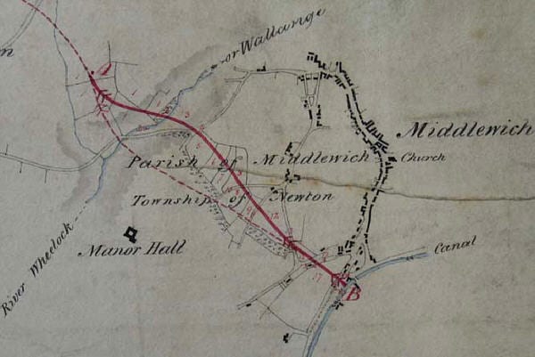 Photograph of a map showing the potential Canal routes into Middlewich ...